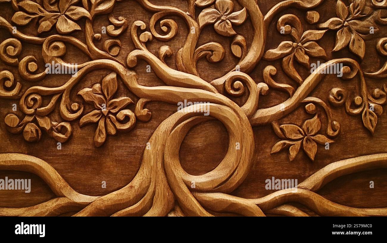 Intricate and Ornate Rustic Wood Carving Depicting a Tree with Intertwining Branches and Roots ...