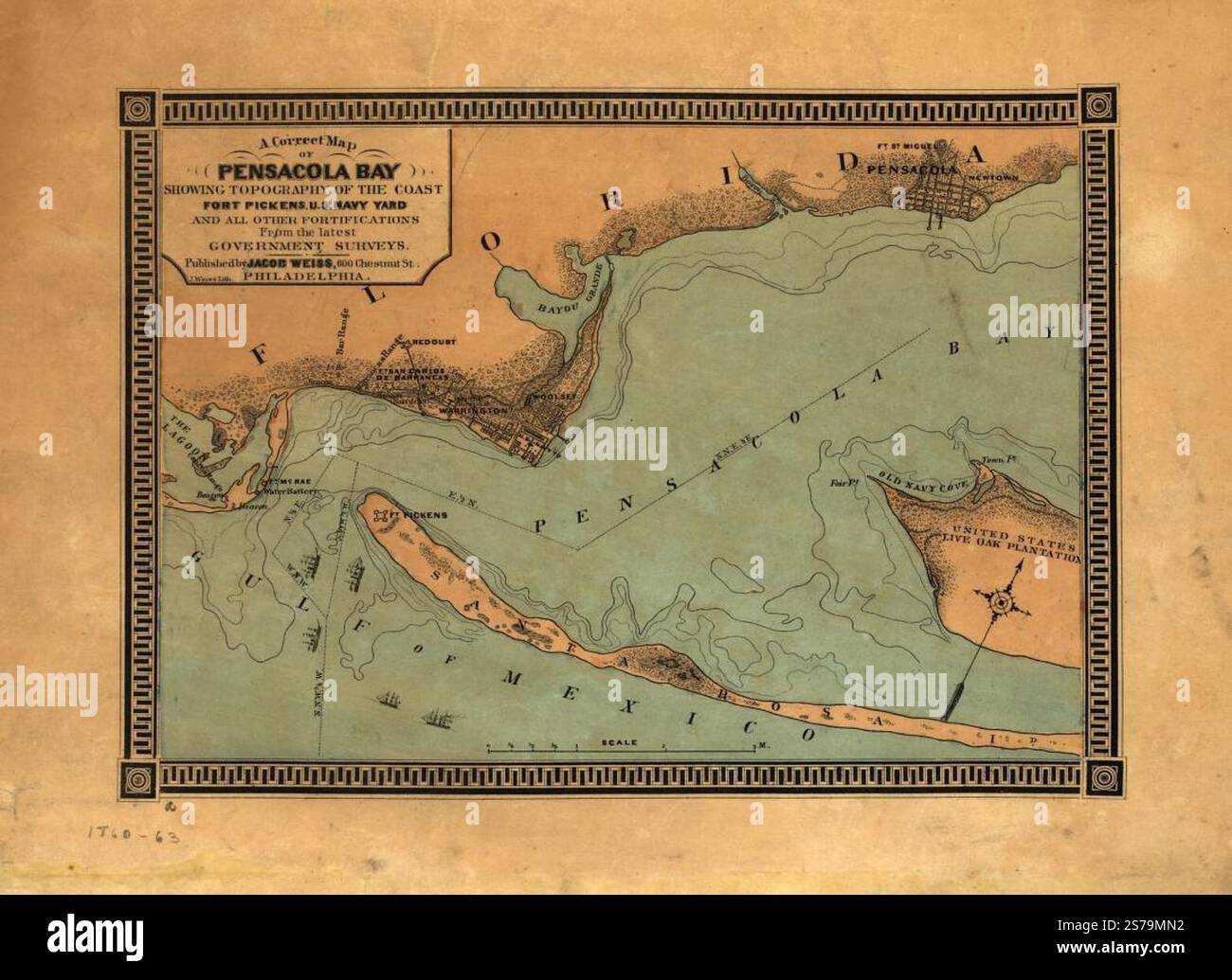 A correct map of Pensacola Bay showing topography of the coast, Fort ...