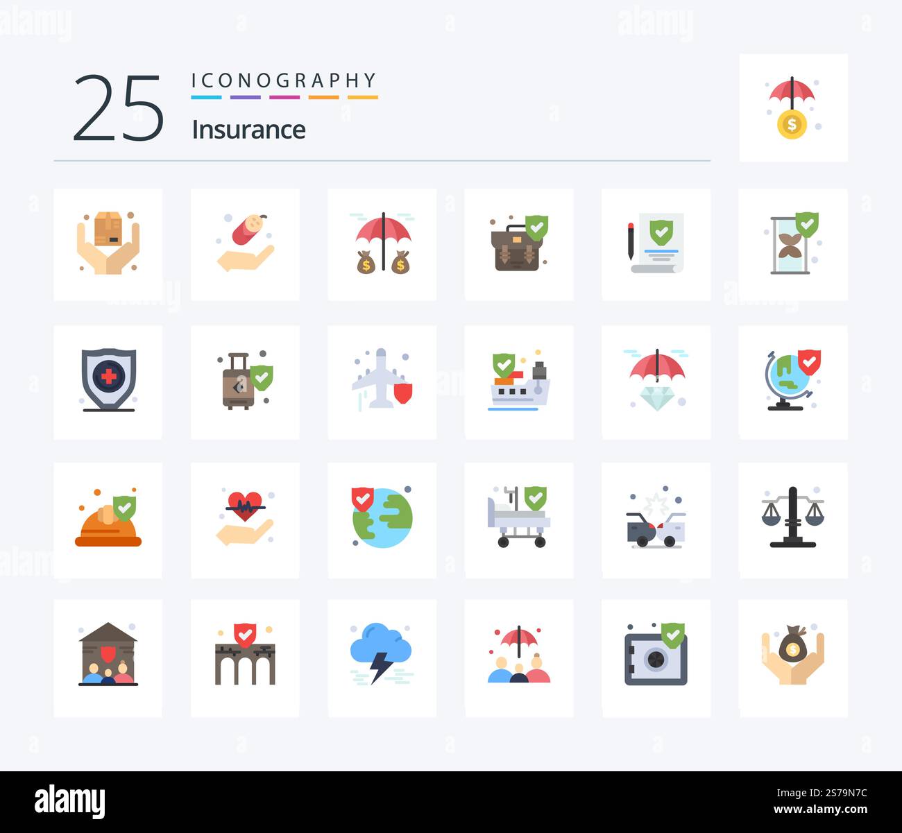 Insurance 25 Flat Color icon pack including time glass. paper ...