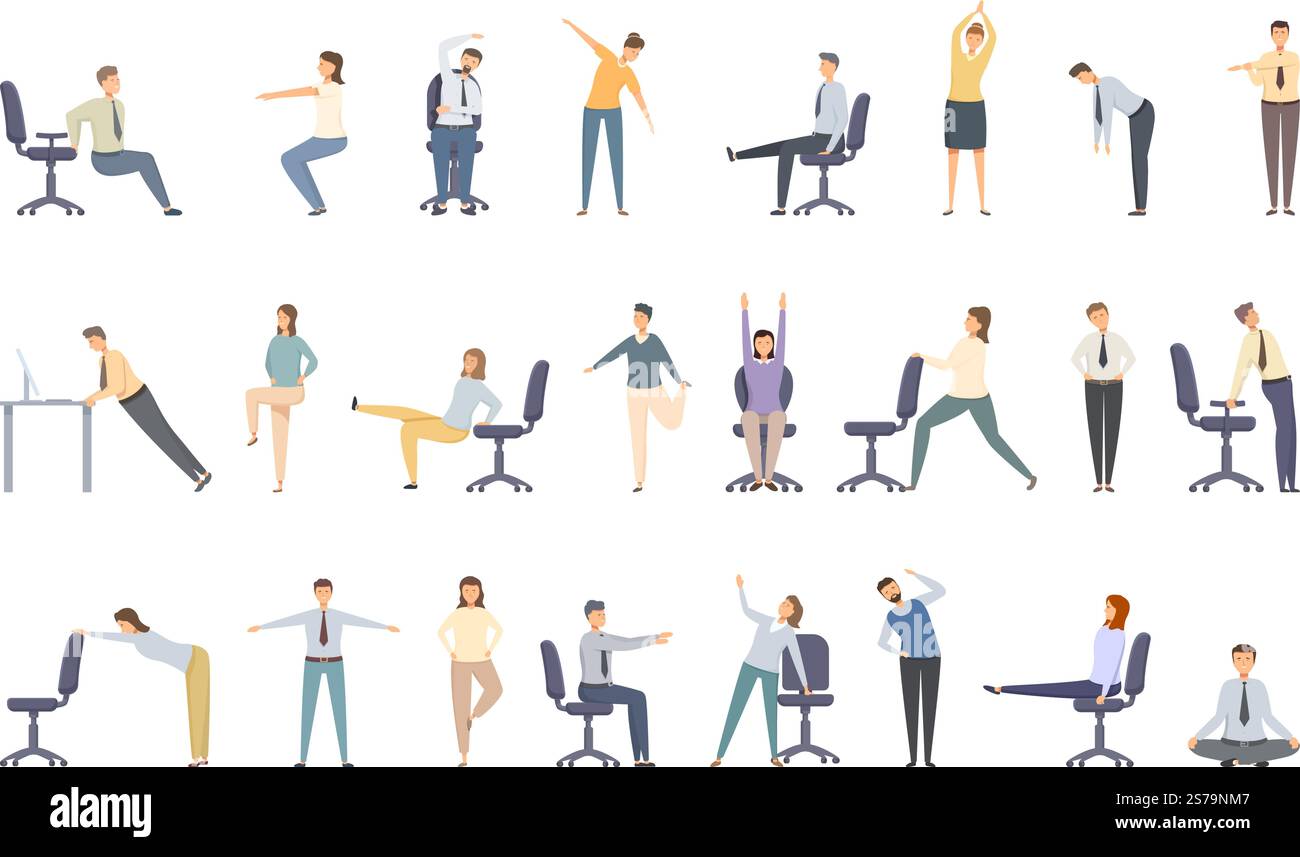 Office workout icons set cartoon vector. Ergonomic break. Sport ...