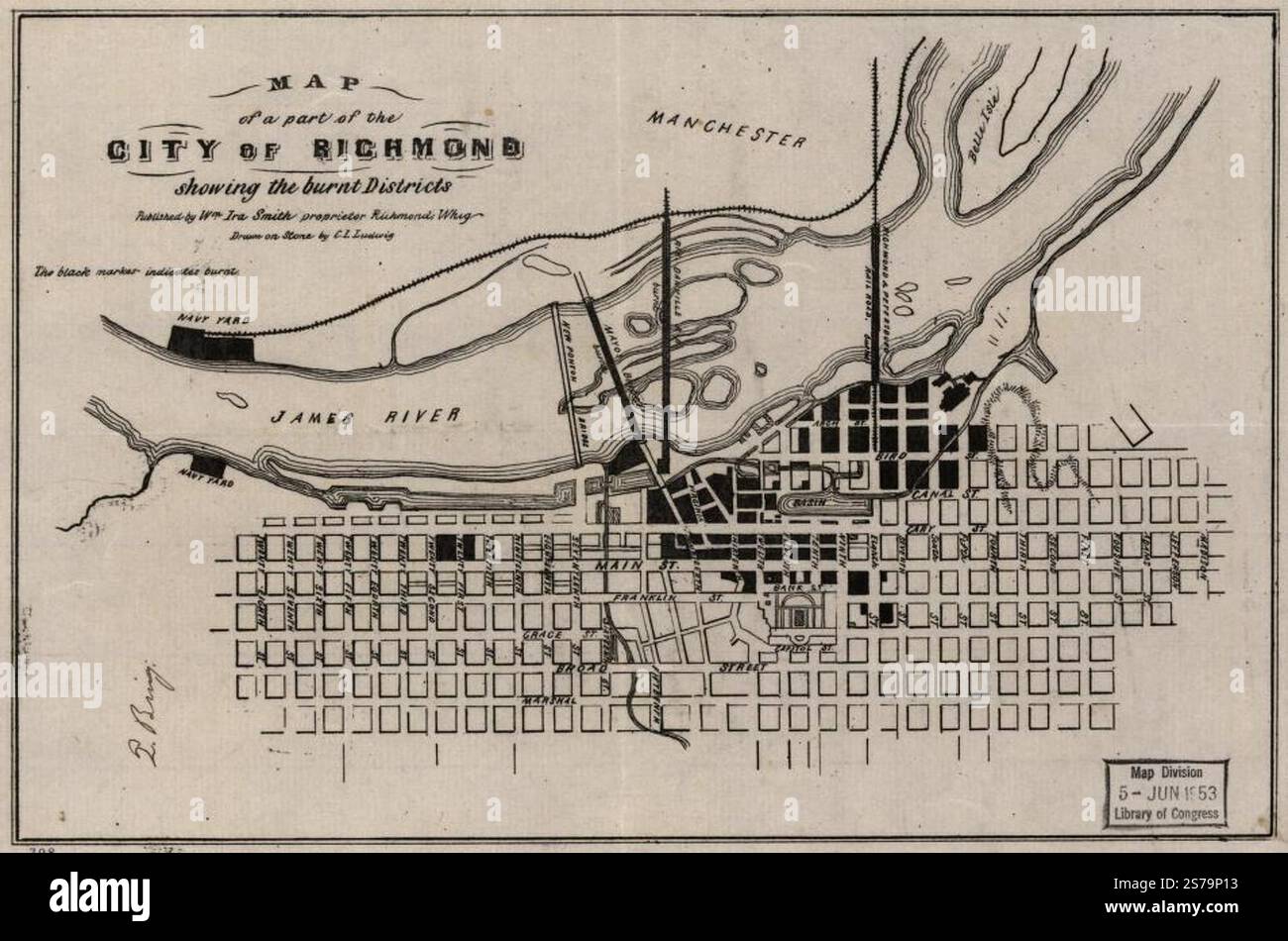 Map of a part of the city of Richmond showing the burnt districts 1865 ...