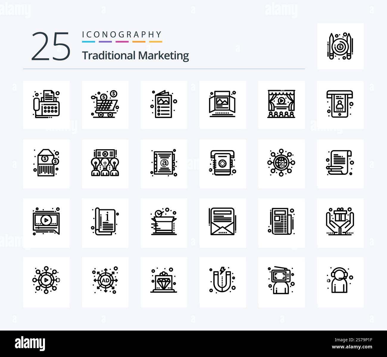 Traditional Marketing 25 Line icon pack including tabletop display ...
