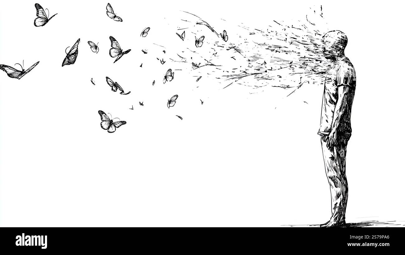 Surreal depicting a human figure gracefully dissolving into a swarm of ...