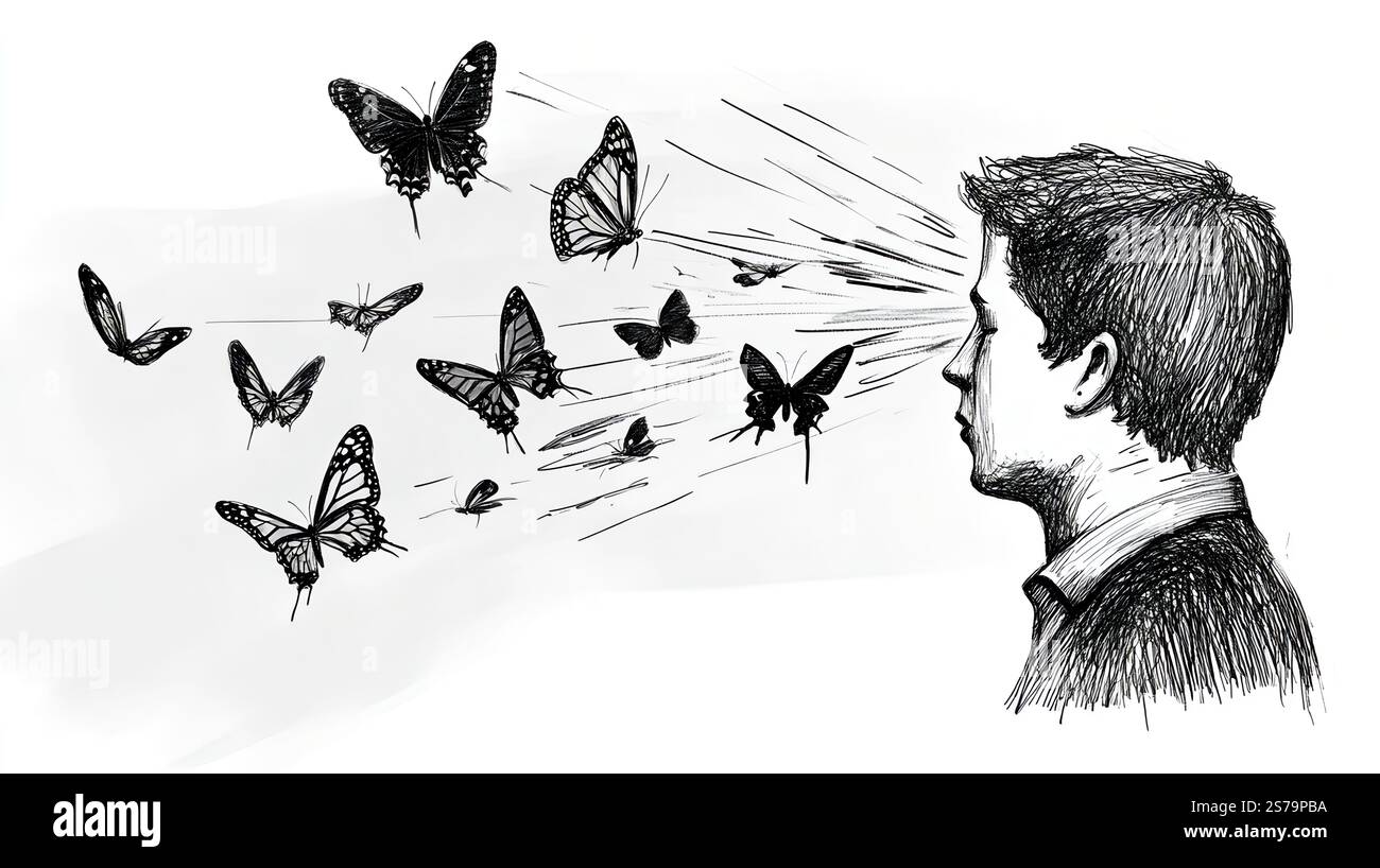 Surreal Digital Depicting A Human Figure Dissolving And Transforming Into A Swarm Of Butterflies