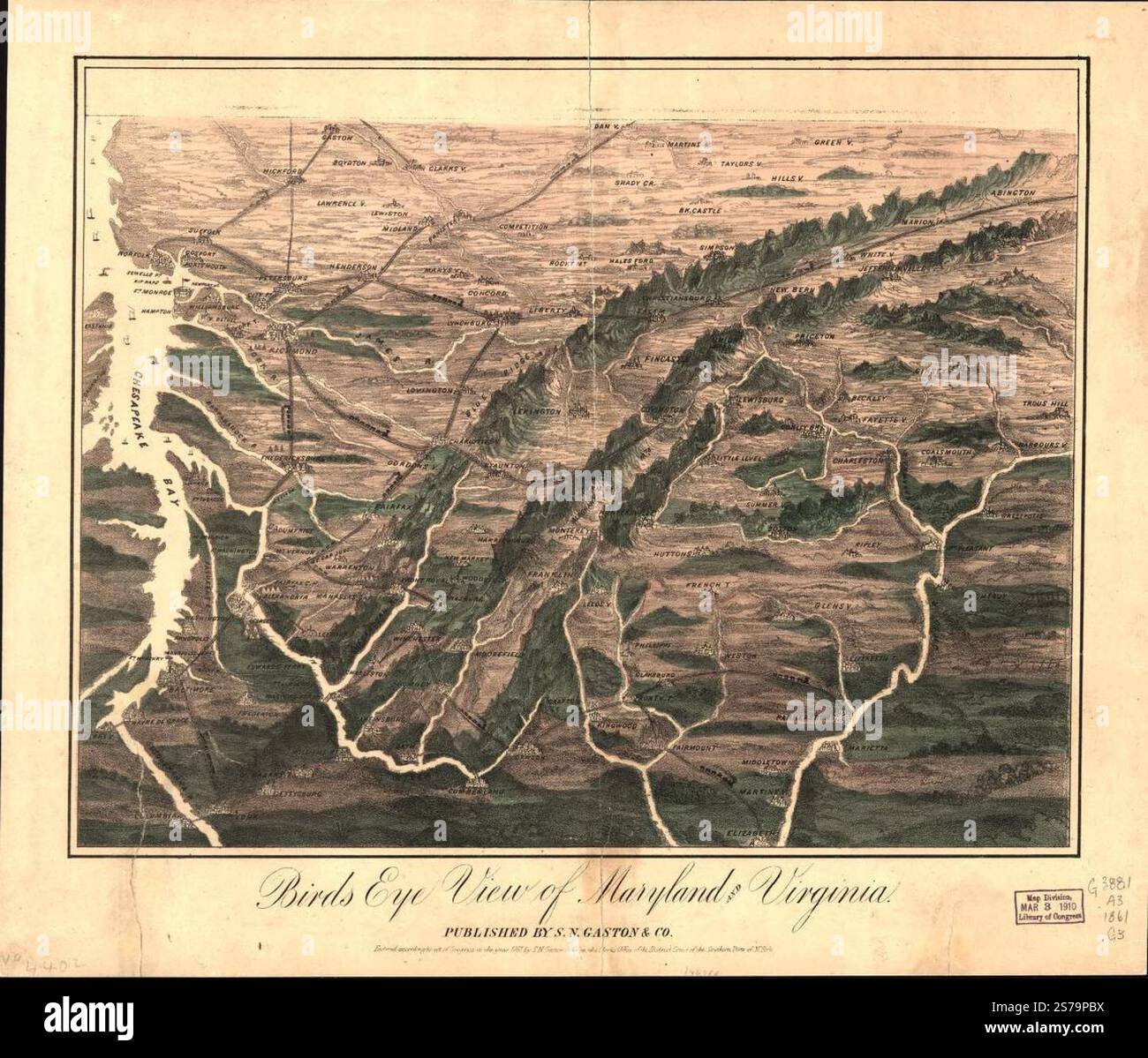 Birds eye view of Maryland and Virginia. 1861 by S. N. Gaston and ...