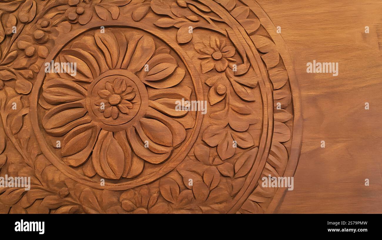 Intricate floral carving pattern in dark teak wood,showcasing the ...