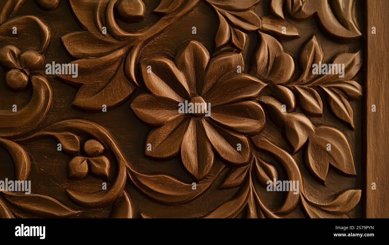 Intricately Carved Floral Teak Wood Pattern Showcasing Detailed ...
