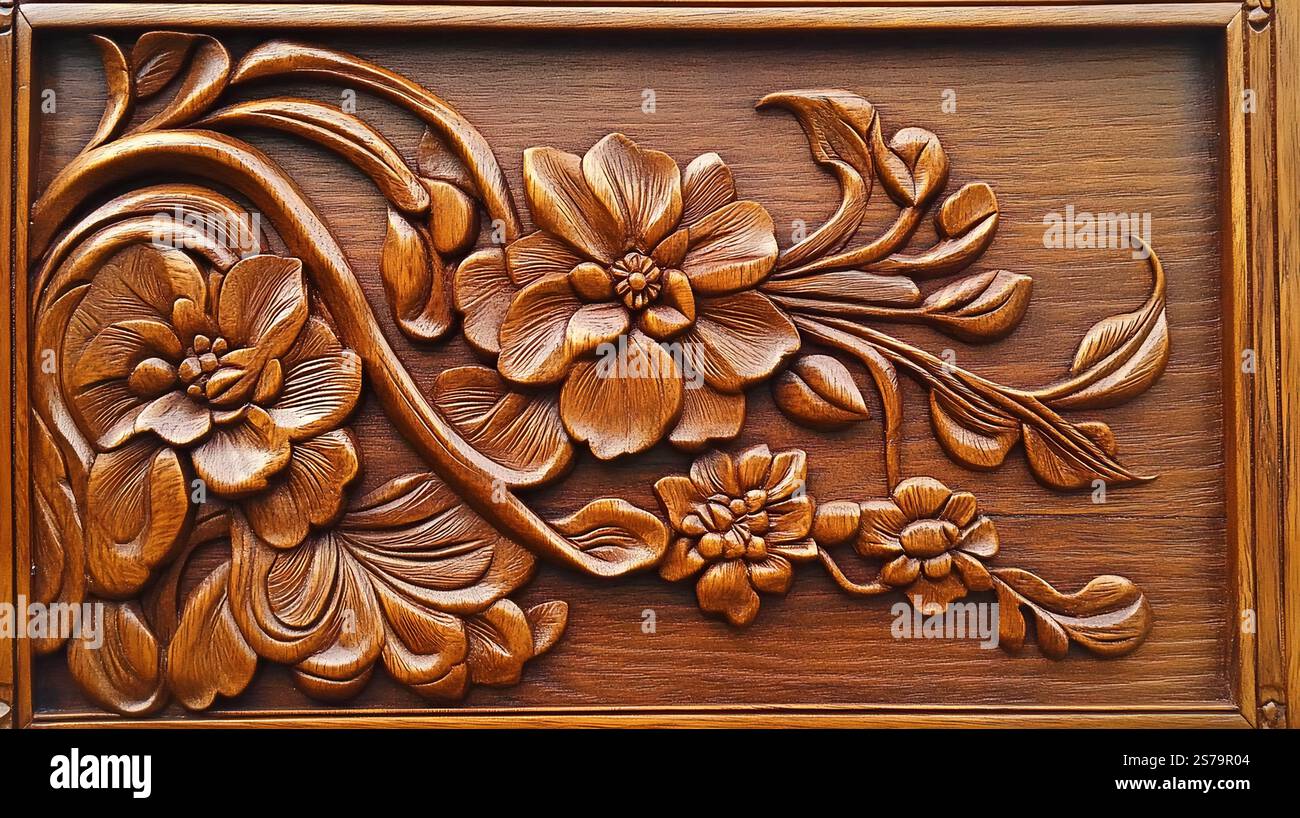 Intricately Carved Floral Pattern in Elegant Teak Wood Decor,Showcasing ...