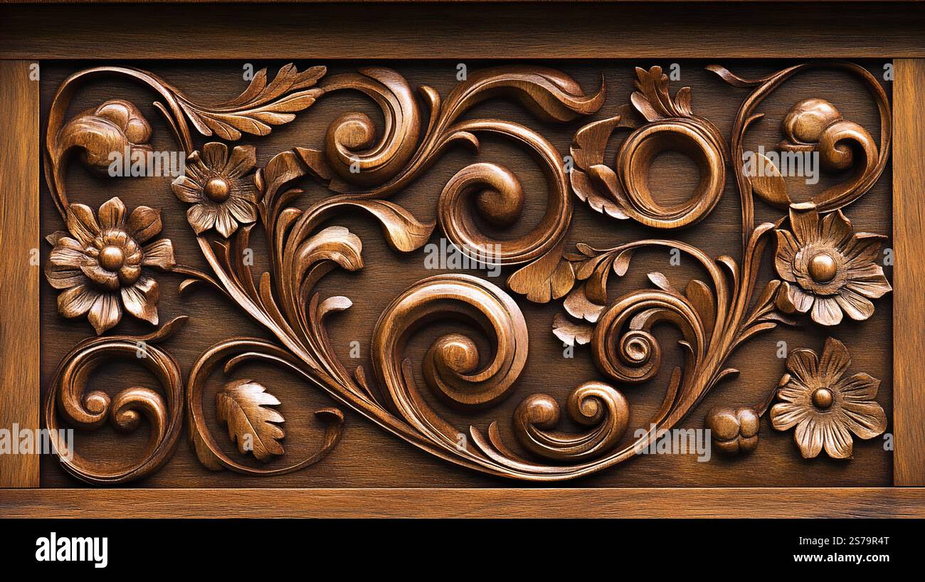 Ornate carved wooden panel featuring intricate swirling vine and leaf ...