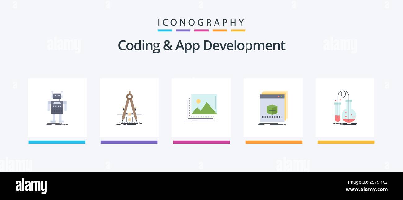 Coding And App Development Flat 5 Icon Pack Including application. software. refinement. photo ...