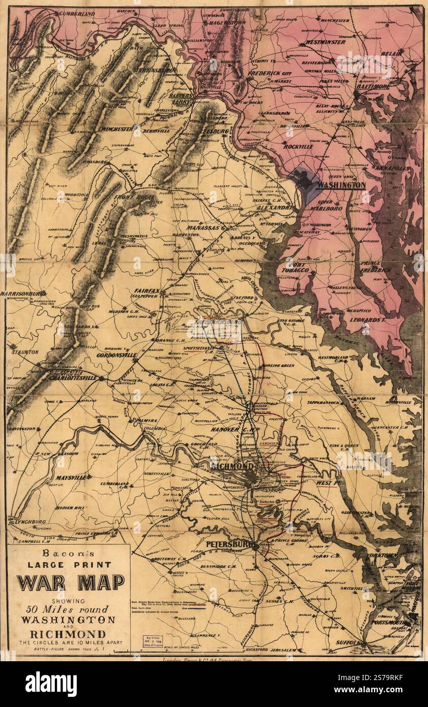 Bacon's large print war map showing 50 miles round Washington and ...