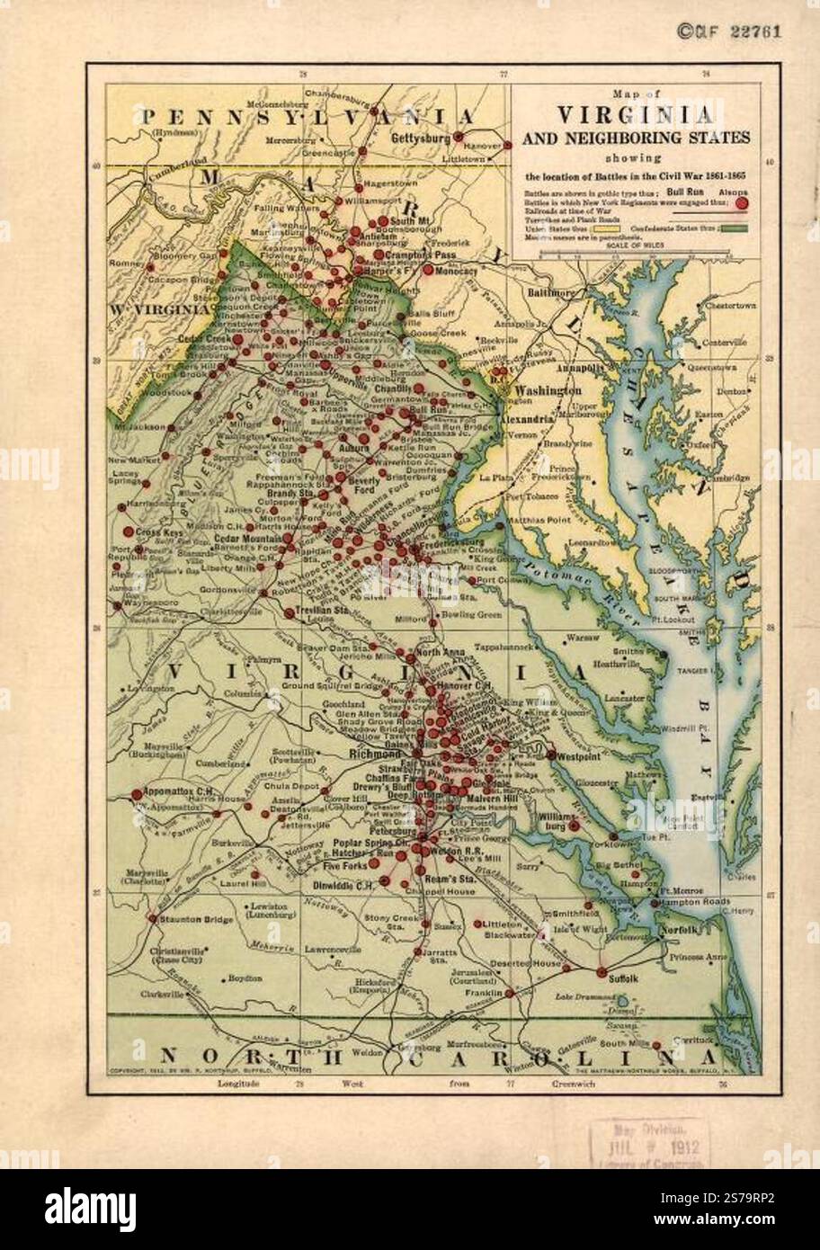 Map of Virginia and neighboring states showing the location of battles ...