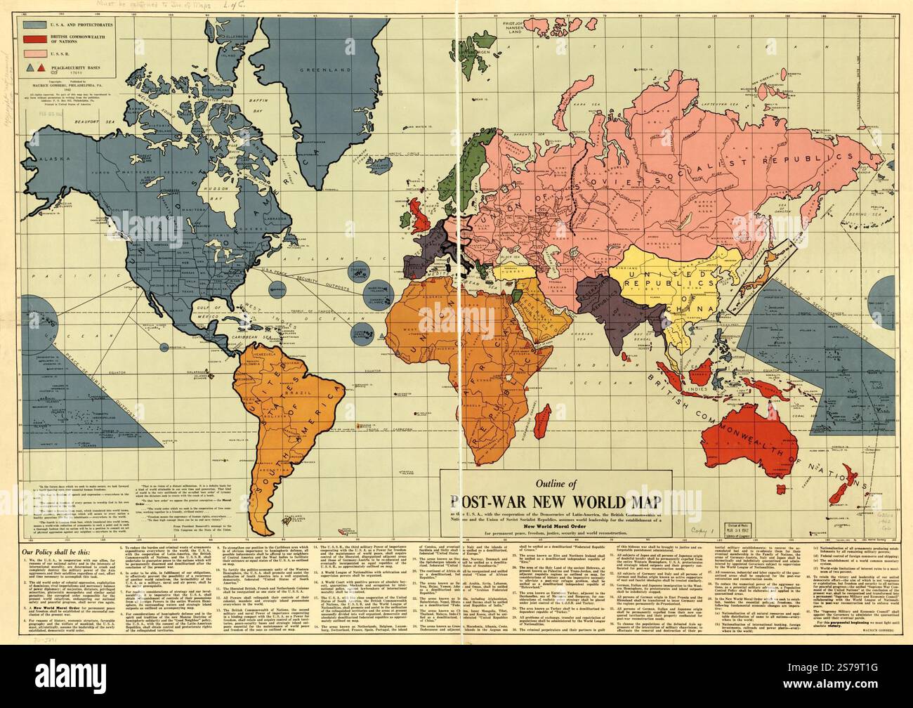 Outline of post-war new world map. 1942 by Gomberg Maurice Stock Photo ...