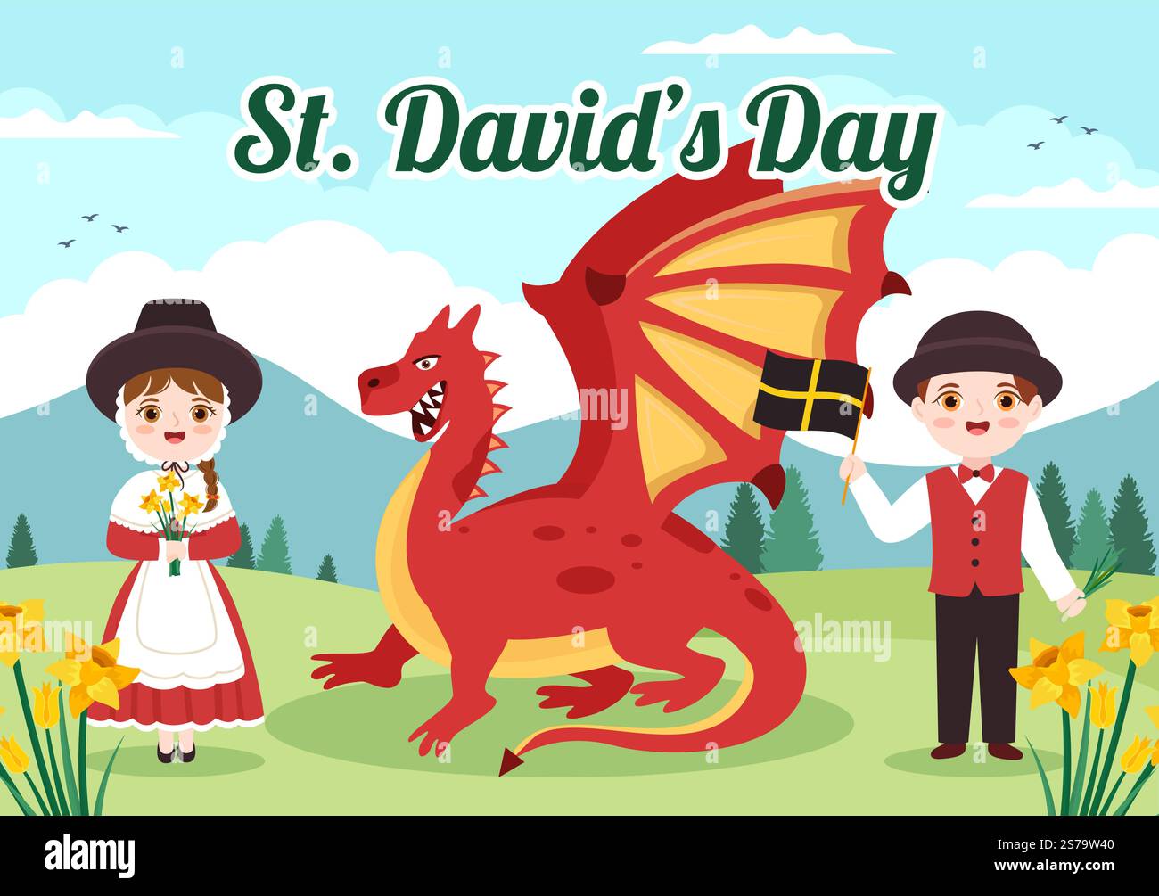 Happy St David’s Day on March 1 Illustration with Kids Welsh Dress ...