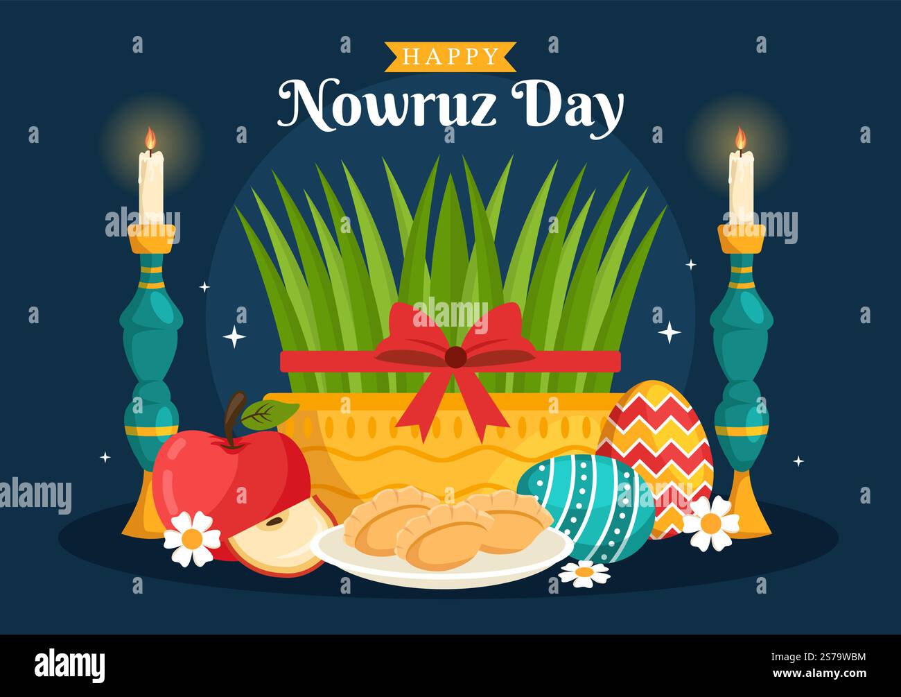 Happy Nowruz Day or Iranian New Year Illustration with Grass Semeni and ...