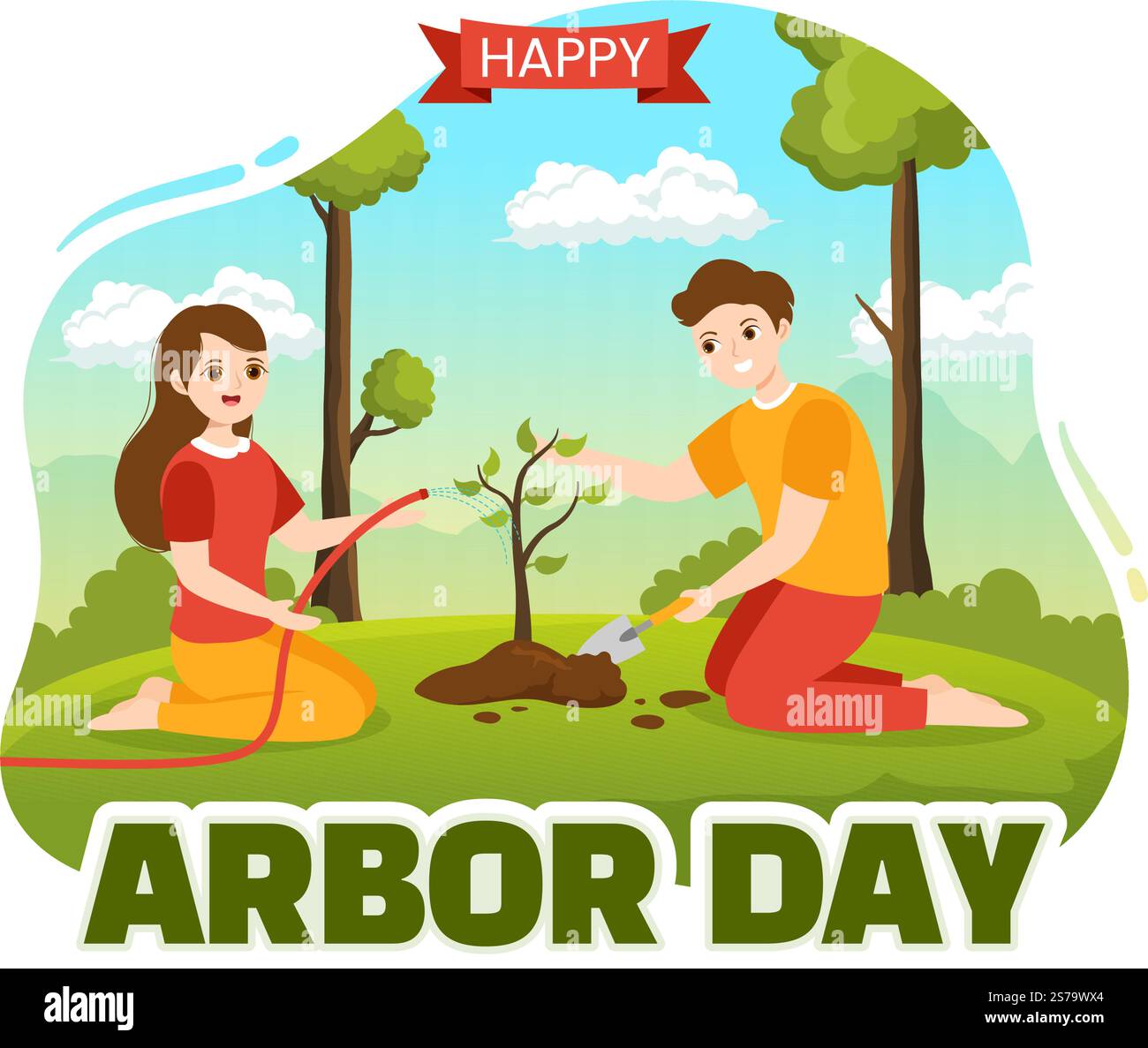 Happy Arbor Day on April 28 Illustration with Green Tree, Garden Tools ...