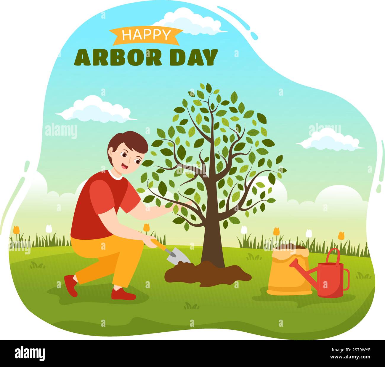 Happy Arbor Day on April 28 Illustration with Green Tree, Garden Tools ...
