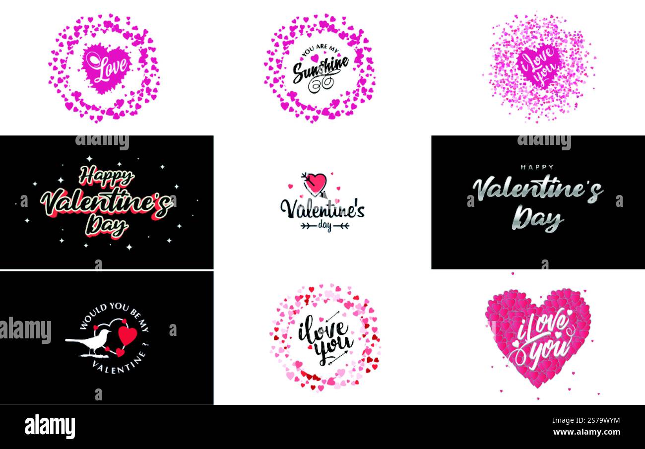 Hand-drawn black lettering Valentine’s Day and pink hearts on white ...