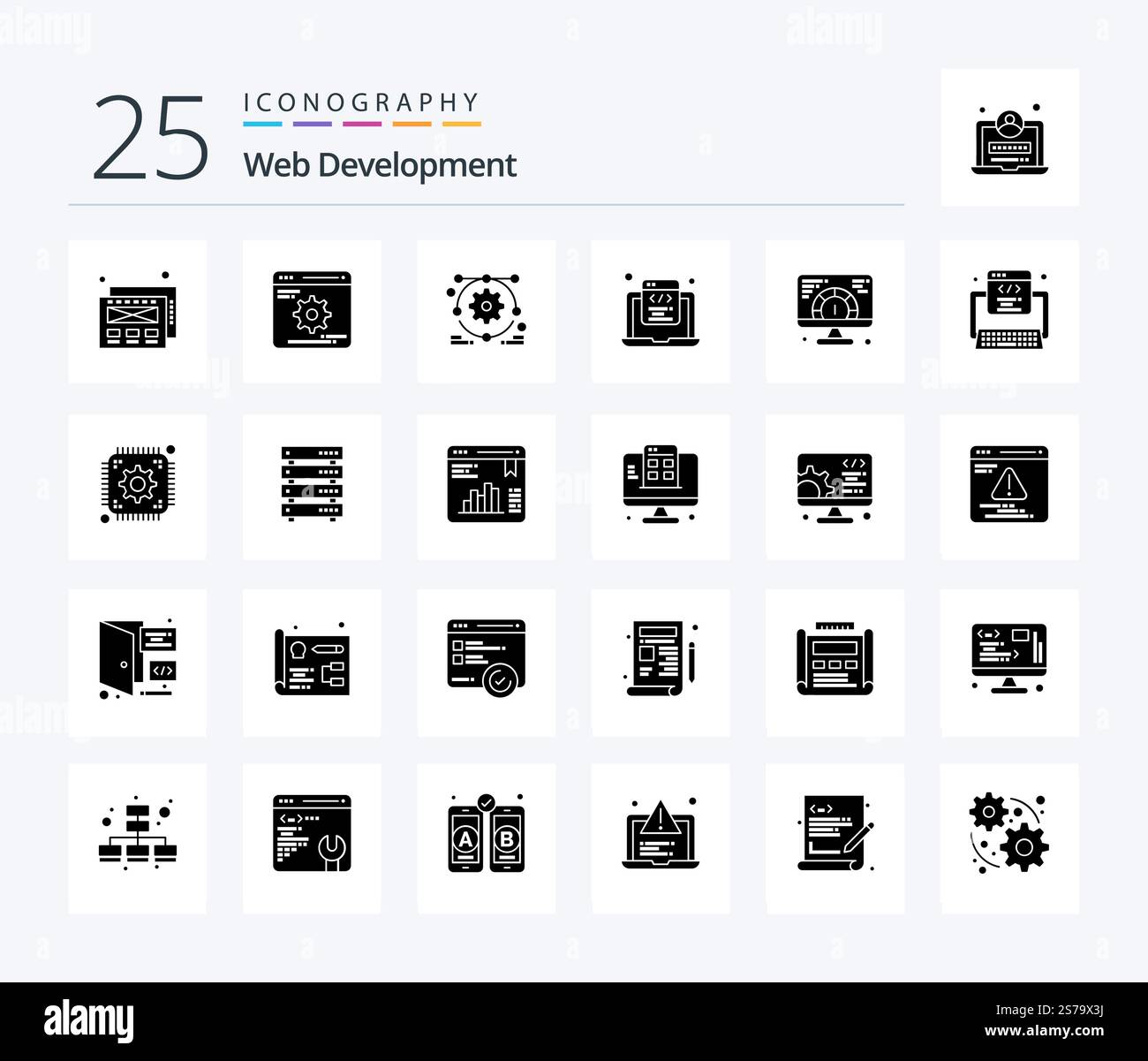 Web Development 25 Solid Glyph icon pack including serving. web. setting. speed. programming ...