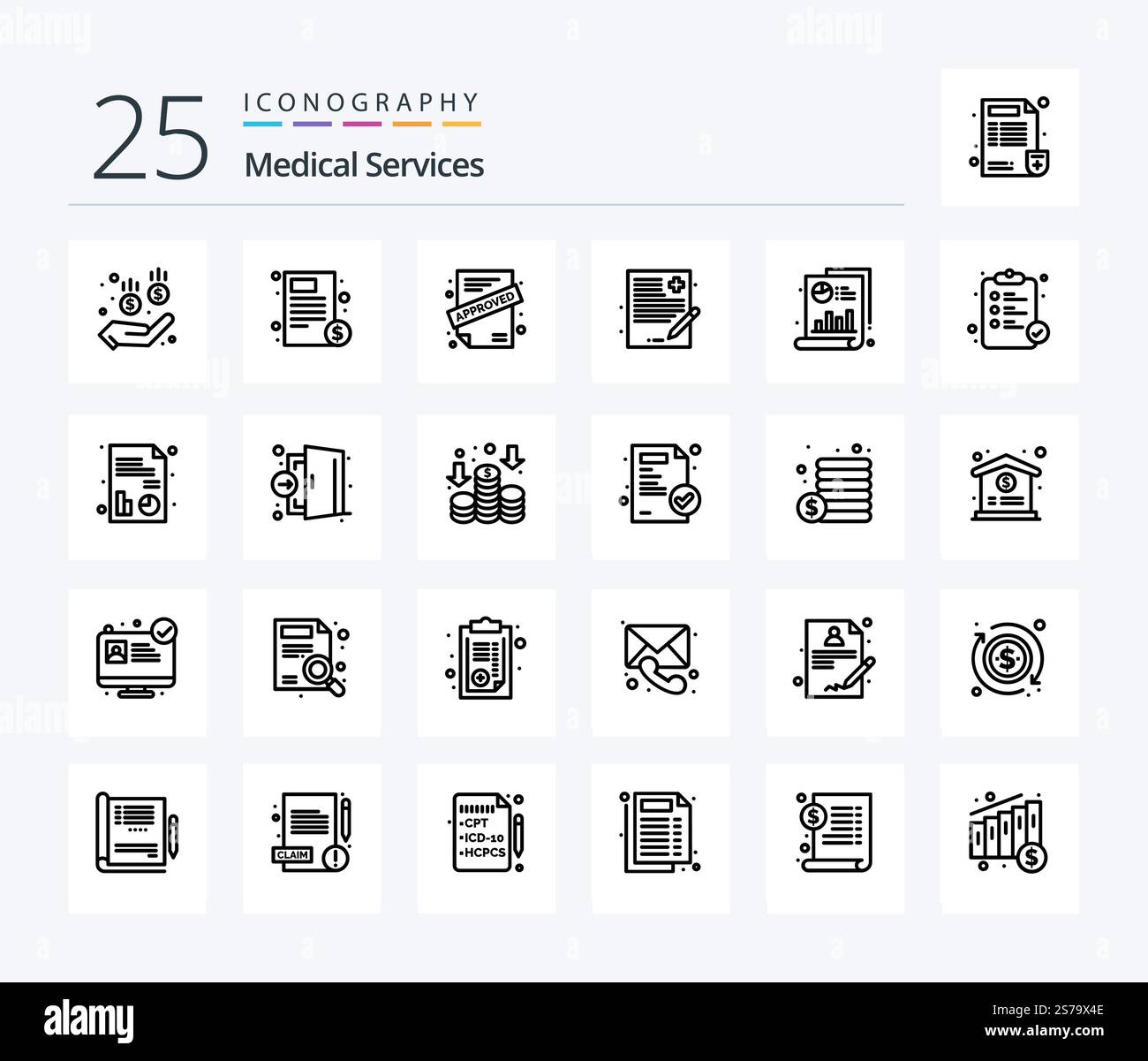 Medical Services 25 Line icon pack including chart. medical ...