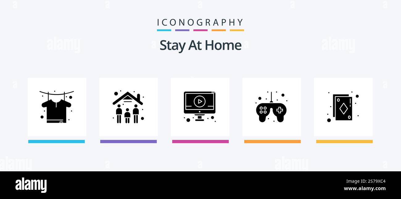 Stay At Home Glyph 5 Icon Pack Including cards. game control. online ...