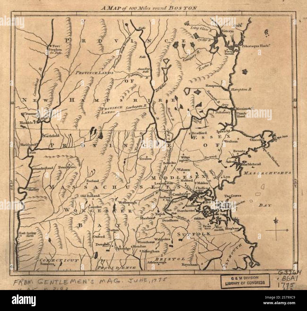 A Map of 100 miles round Boston. 1775 Stock Photo - Alamy