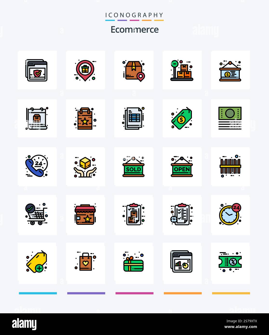Creative Ecommerce 25 Line FIlled icon pack Such As board. package. shopping. box. place Stock ...