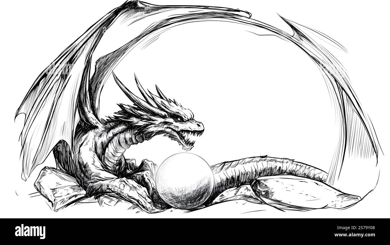 Detailed hand-drawn sketch of a powerful,mythical dragon coiled ...