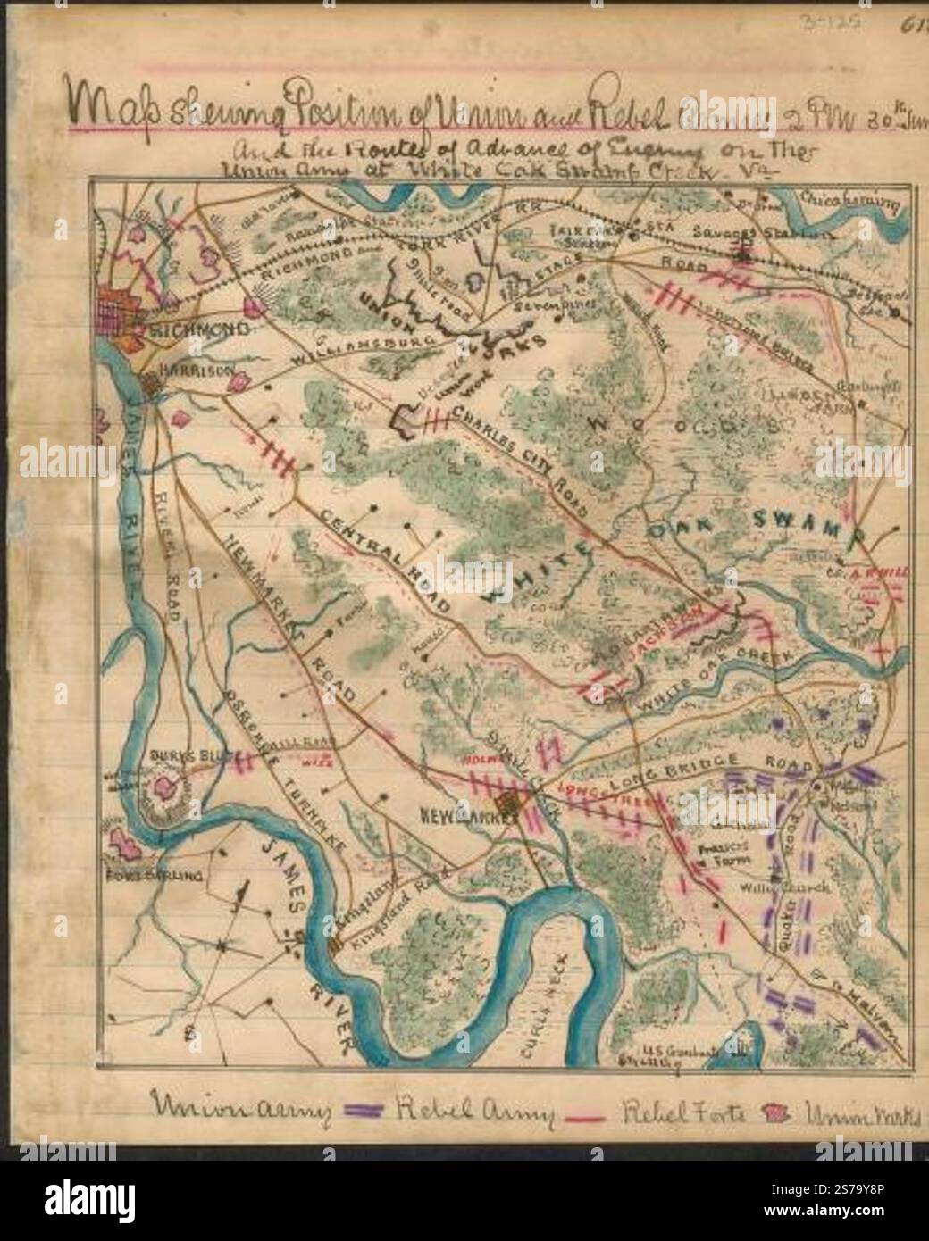 Map showing position Union and Rebel armies 2 p.m. 30th June : and the ...