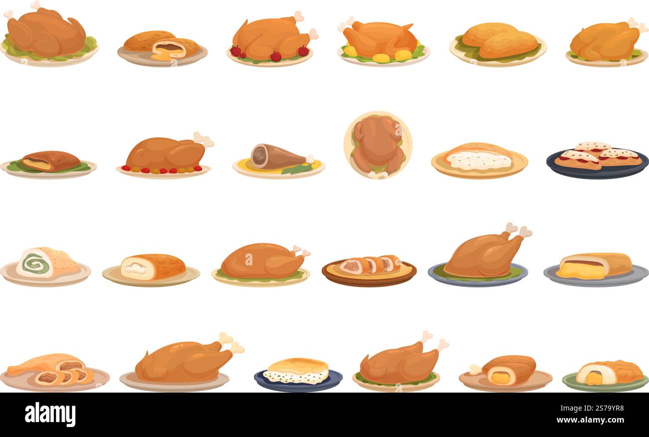 Stuffed chicken icons set cartoon vector. Roast duck. Food family ...