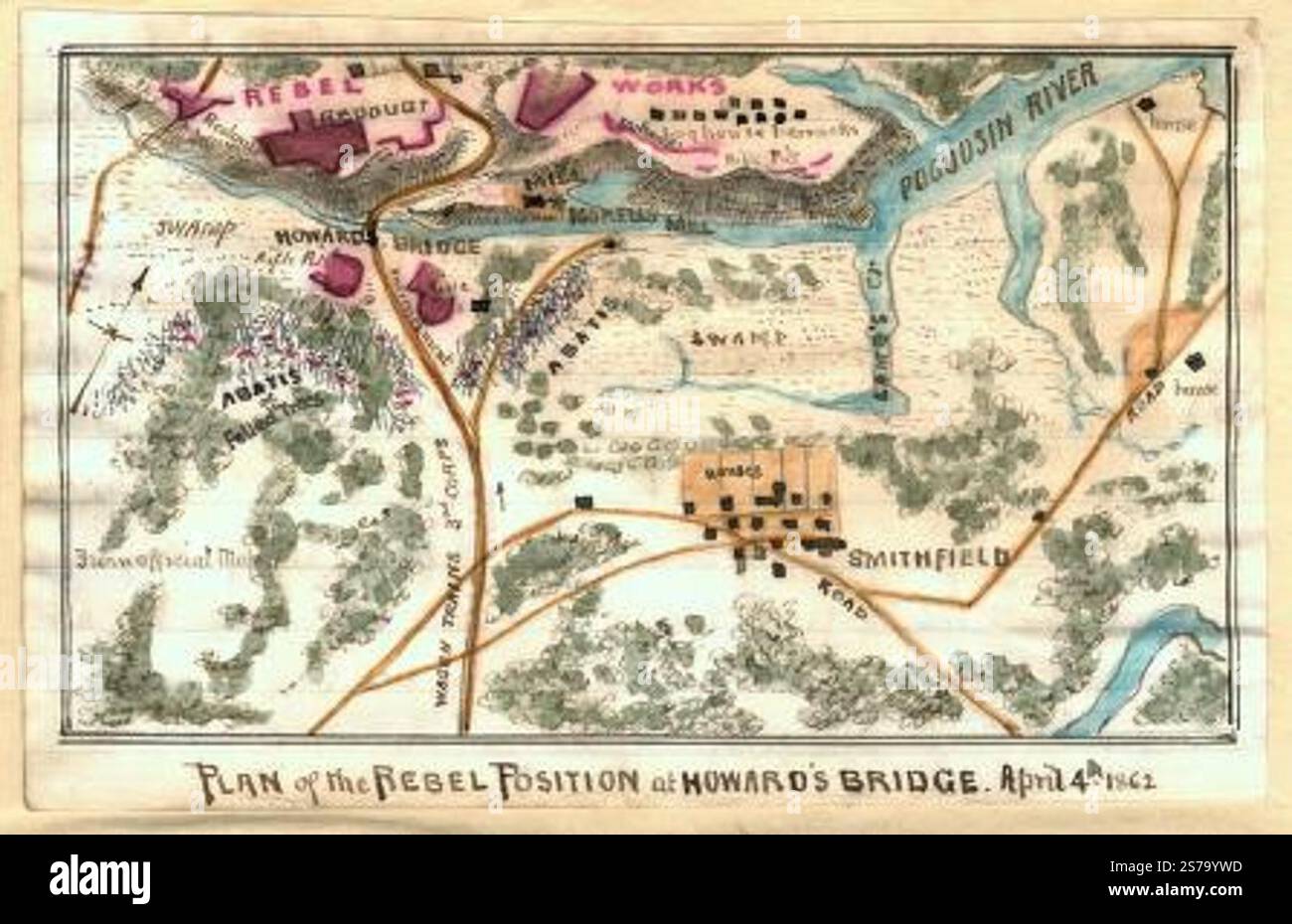 Plan of the Rebel position at Howard's Bridge, April 4th 1862. 1862 by ...