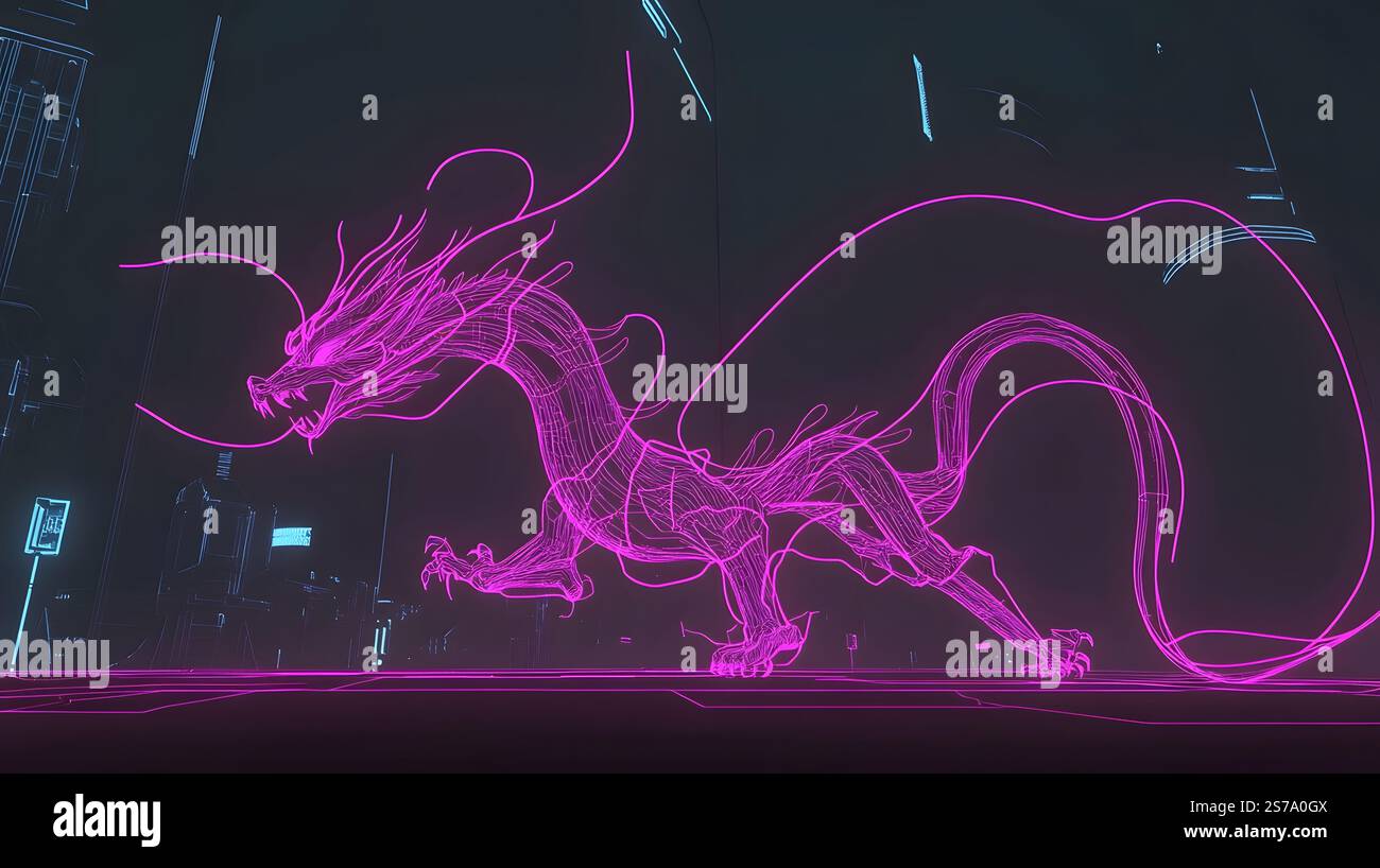 Majestic neon-powered dragon with glowing circuitry scales soaring ...