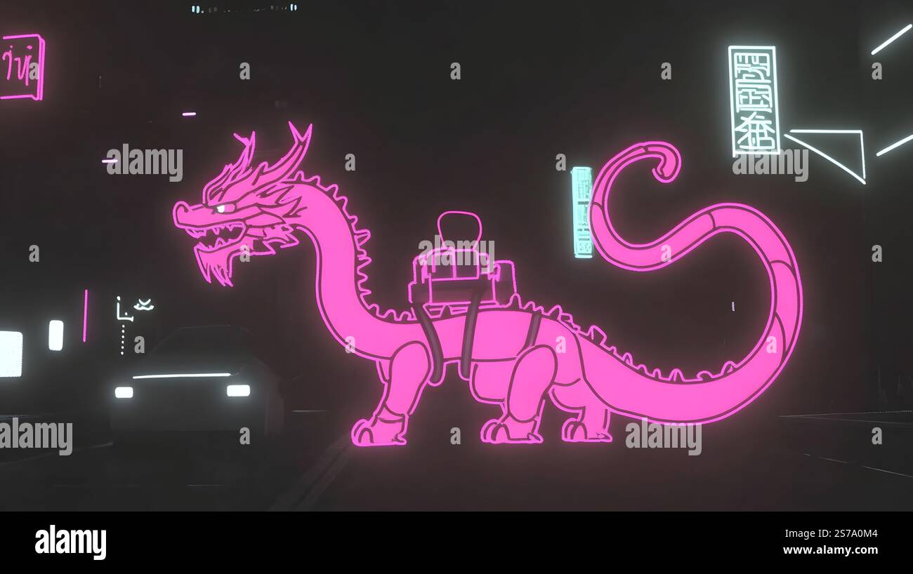 Futuristic neon-illuminated dragon with glowing circuitry scales soaring through a captivating ...