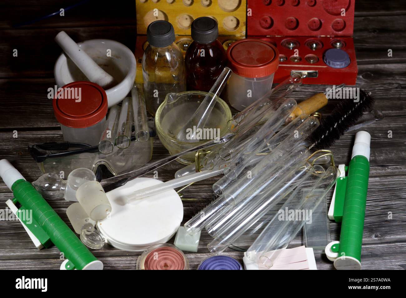 Various laboratory set of different equipment, safety goggles, Litmus ...