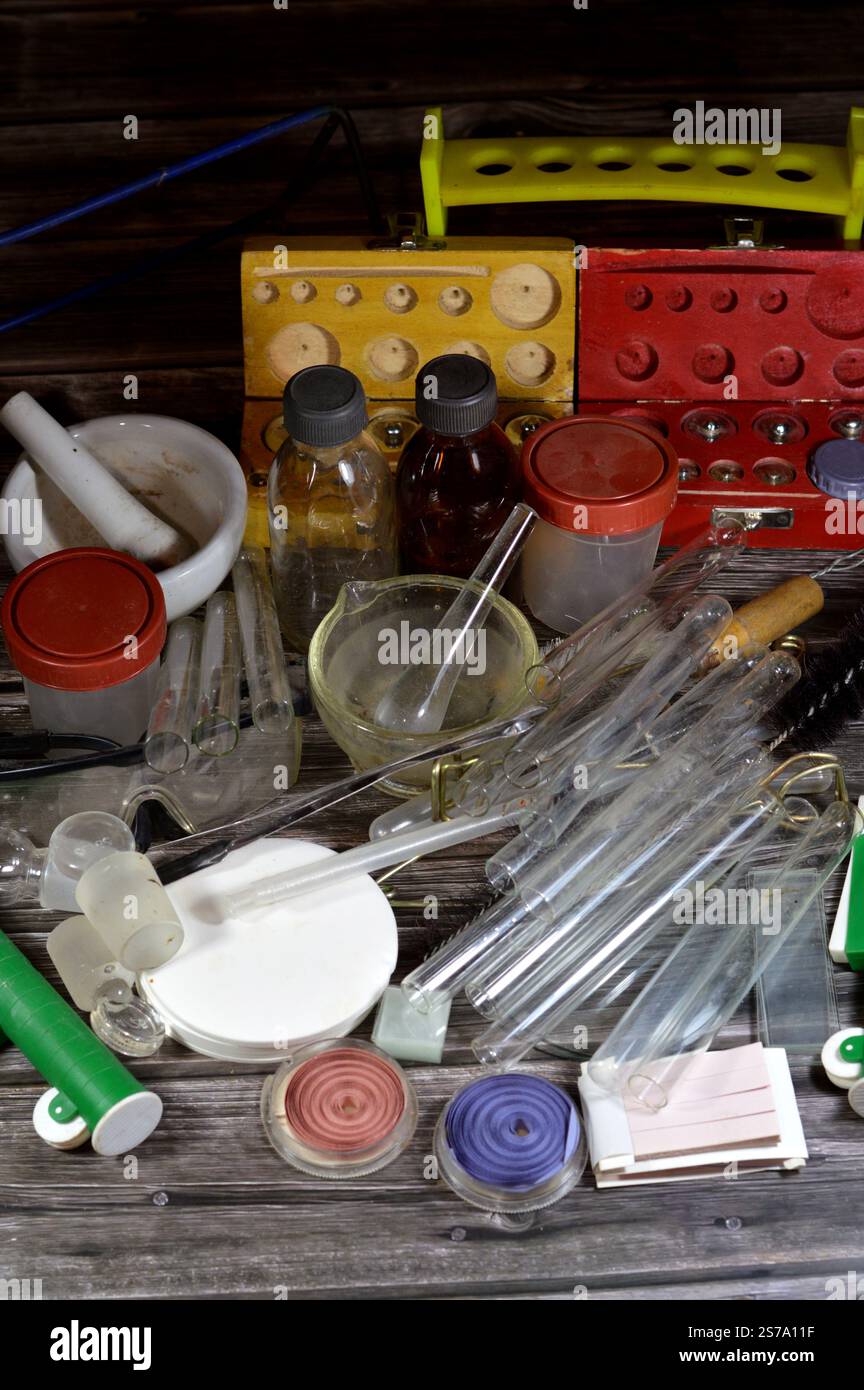 Various laboratory set of different equipment, safety goggles, Litmus ...