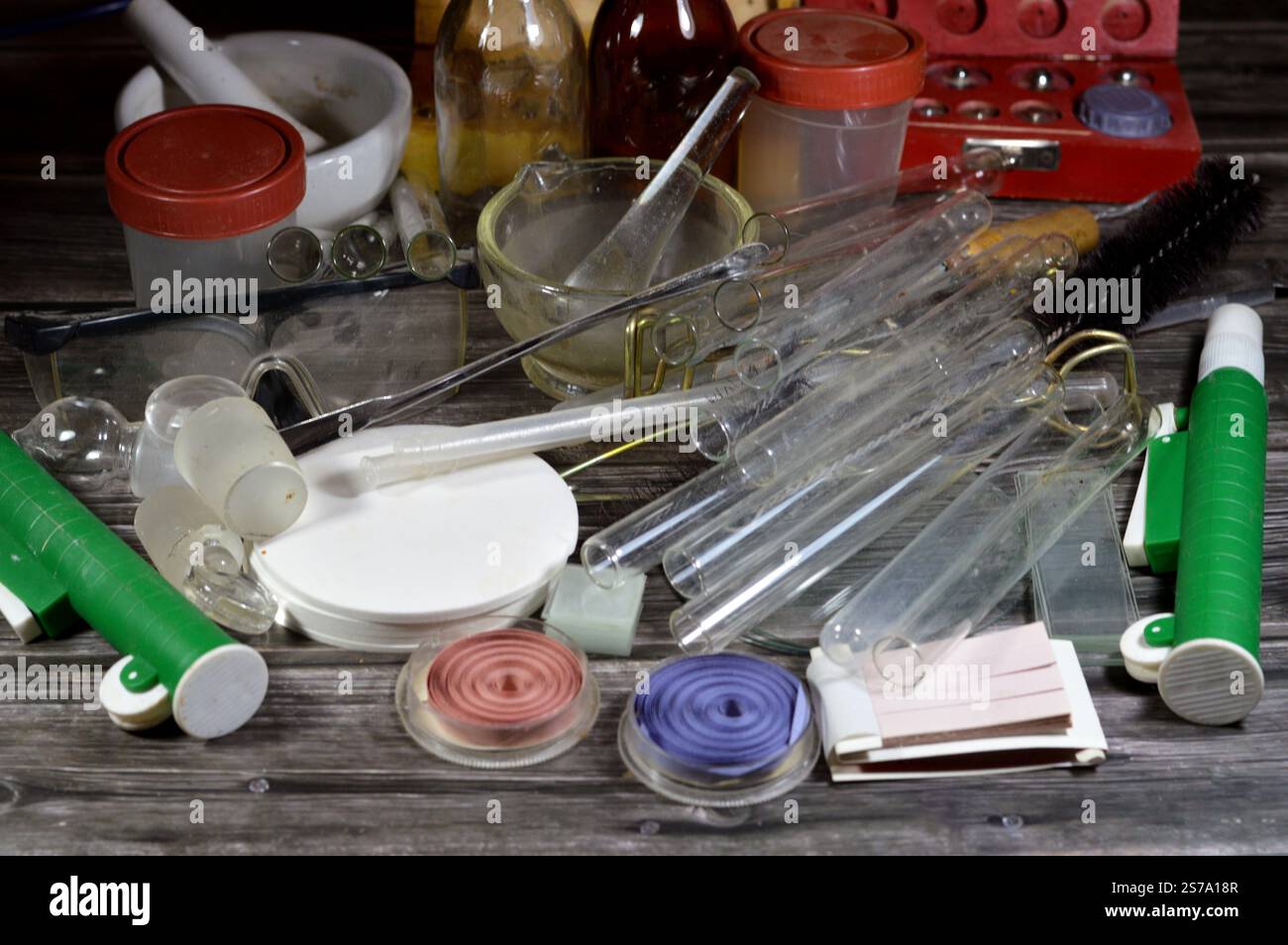 Various laboratory set of different equipment, safety goggles, Litmus ...