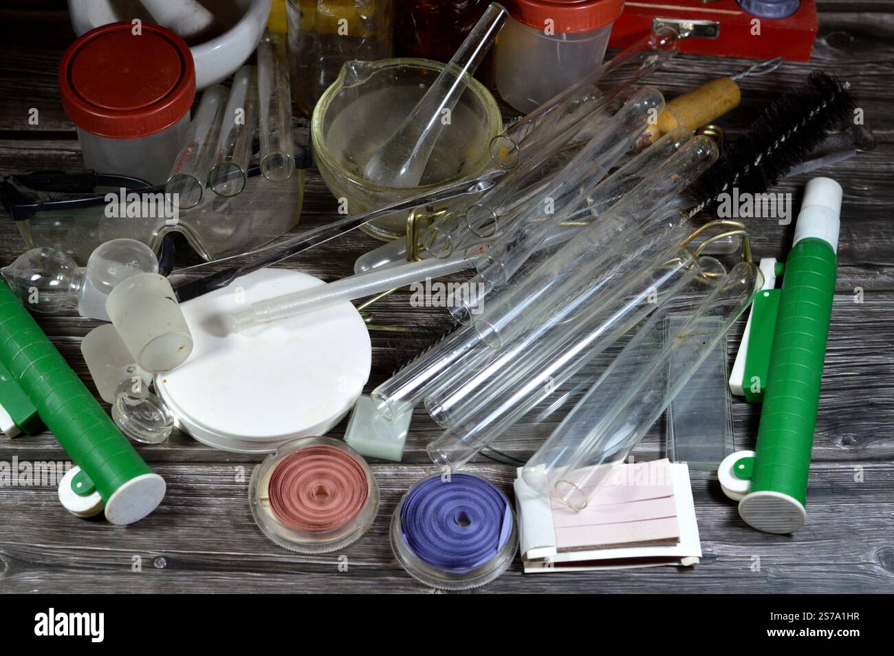 Various laboratory set of different equipment, safety goggles, Litmus ...