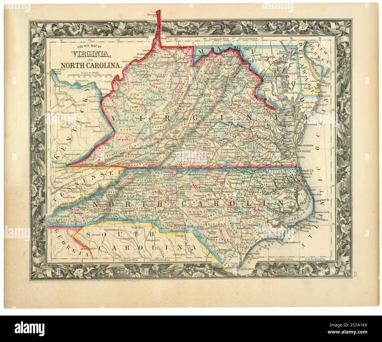 County map of Virginia, and North Carolina. 1860 by Mitchell S ...