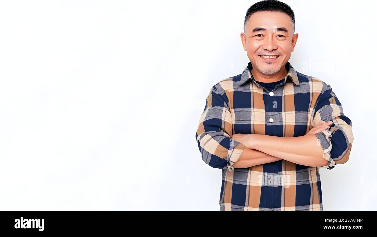 Friendly and approachable Asian man in casual attire leaning slightly ...