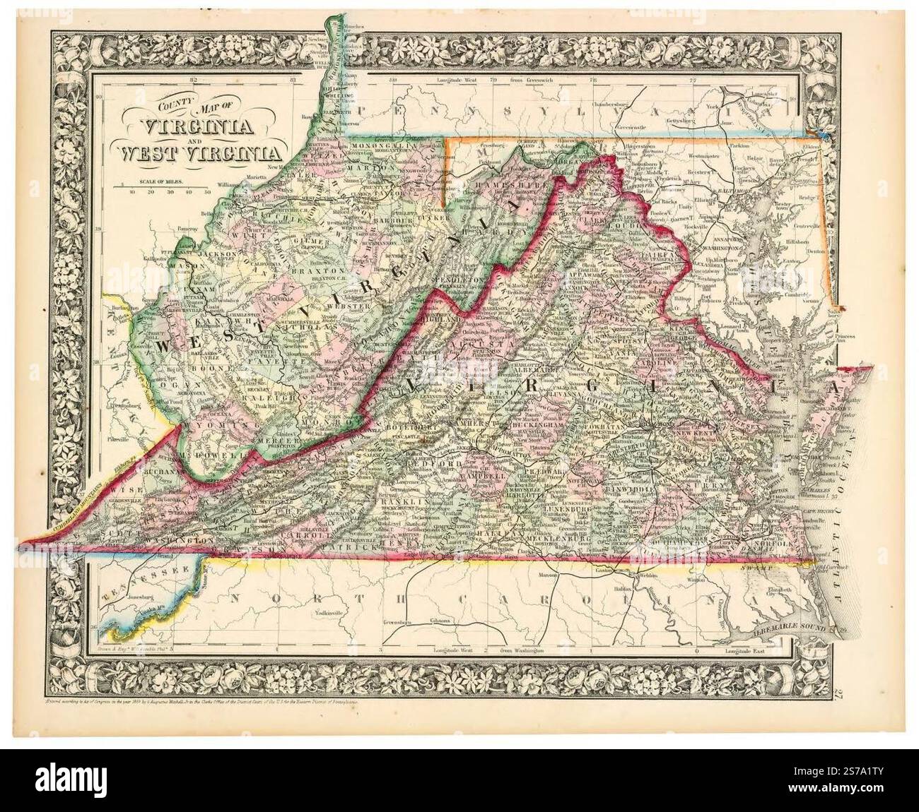 County map of Virginia and West Virginia 1863 by Mitchell S. Augustus ...