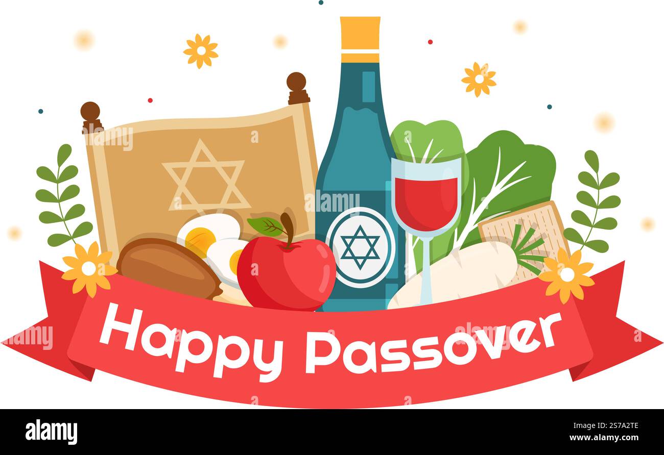Happy Passover Illustration with Wine, Matzah and Pesach Jewish Holiday ...