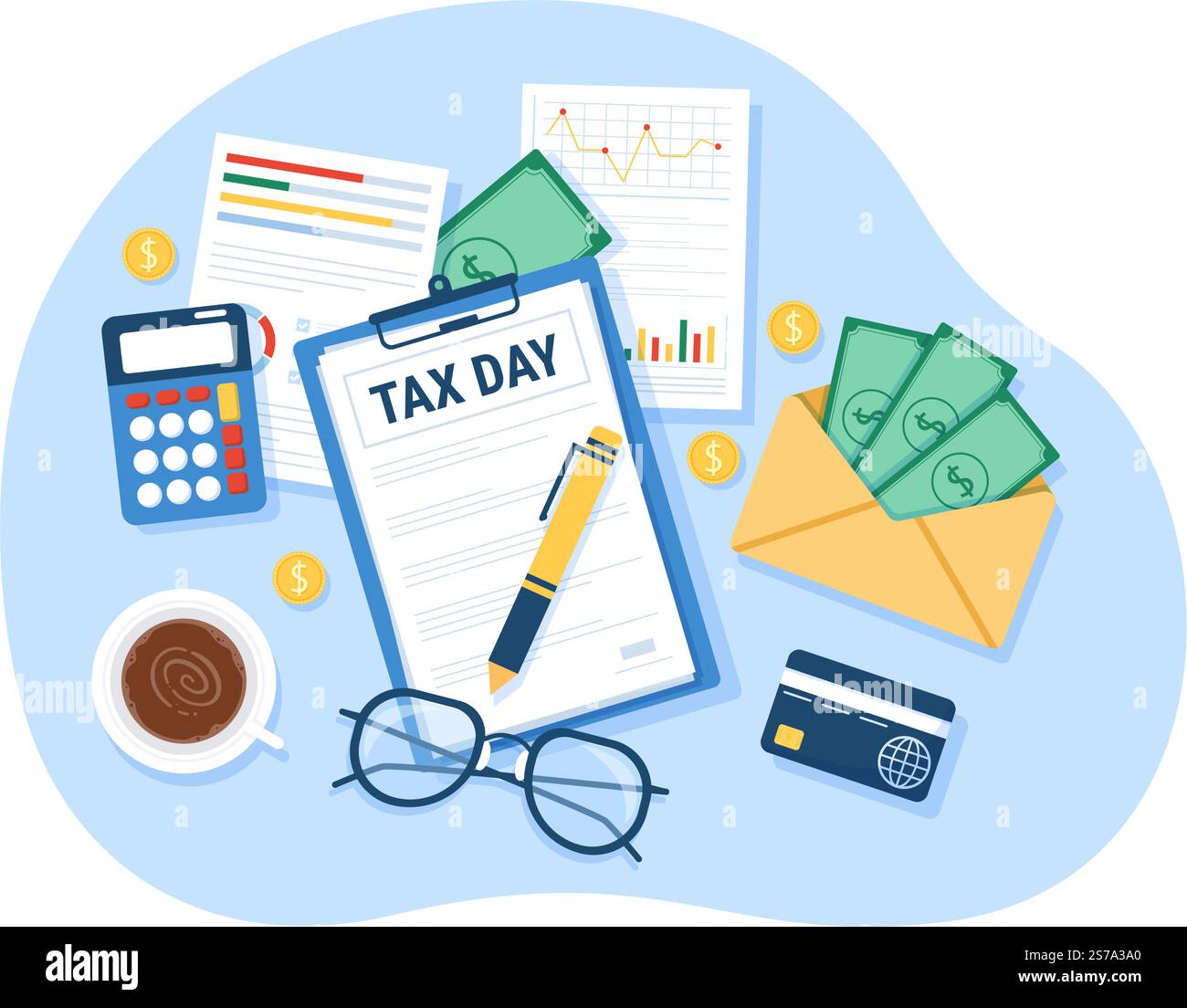 Tax Day Illustration with Clipboard Form, Clock, Calendar and Coins ...