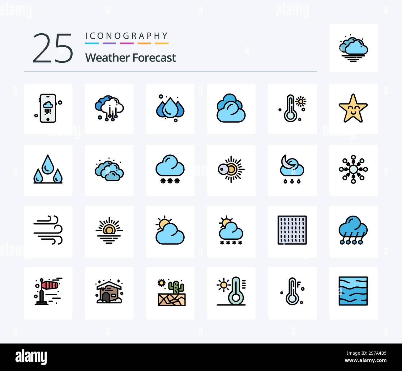 Weather 25 Line Filled icon pack including face. weather. weather. temperature. storage Stock ...