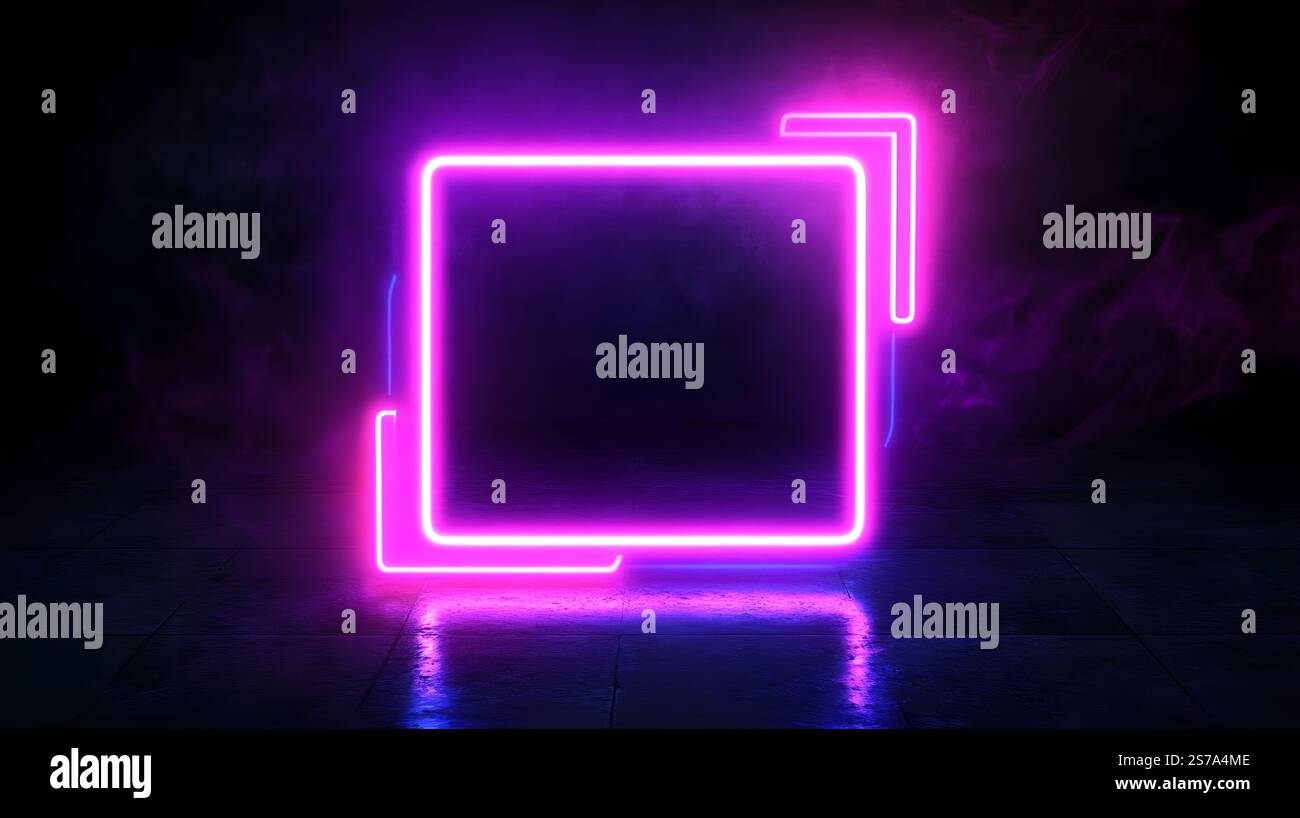 Glowing rectangular neon frame in electric blue color hovering on a ...