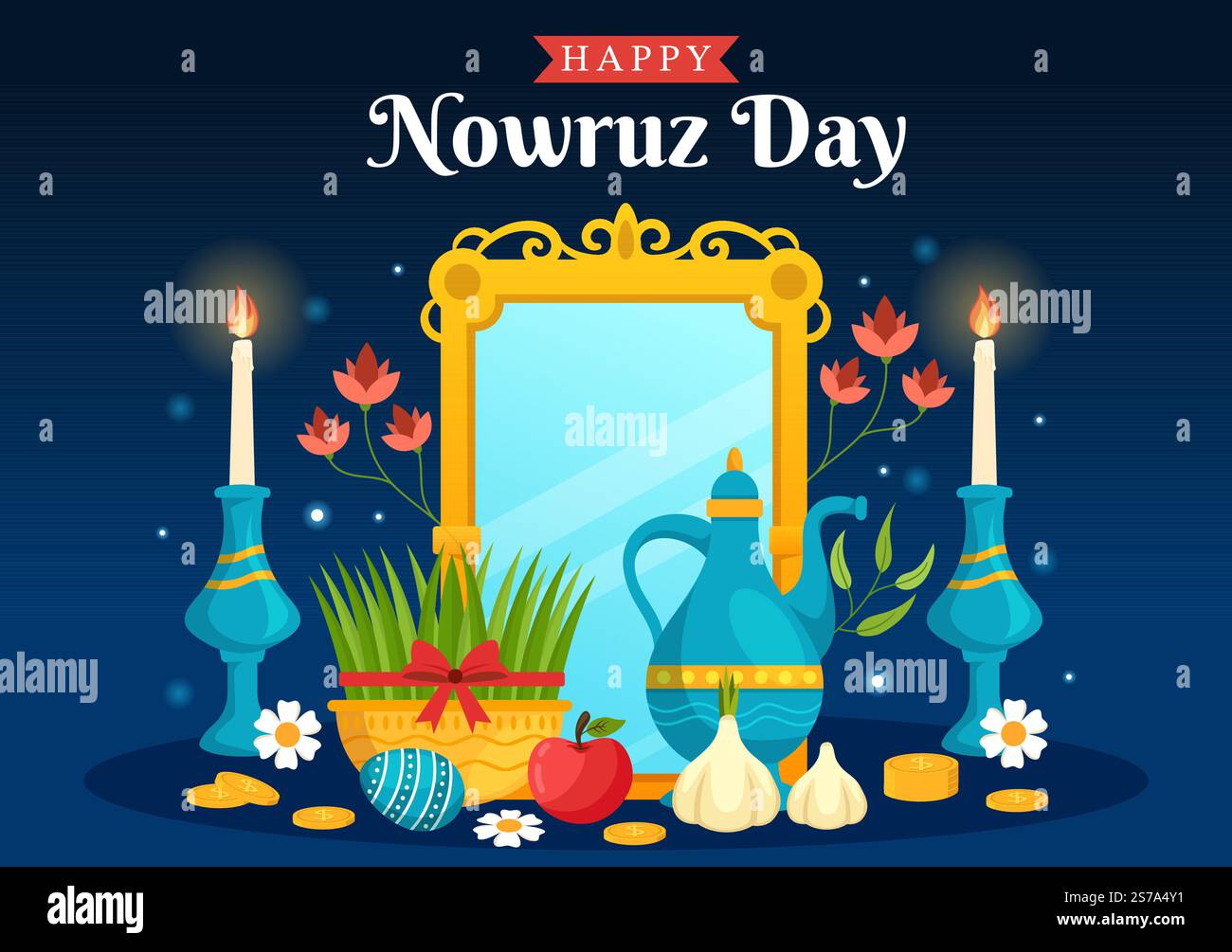 Happy Nowruz Day or Iranian New Year Illustration with Grass Semeni and ...