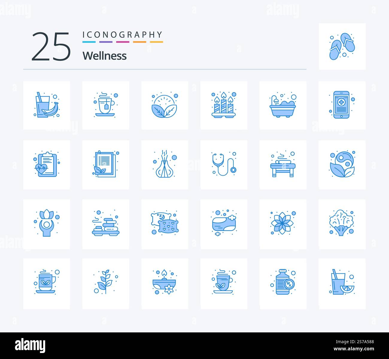 Wellness 25 Blue Color icon pack including bathtub. tray. leaves. spa ...