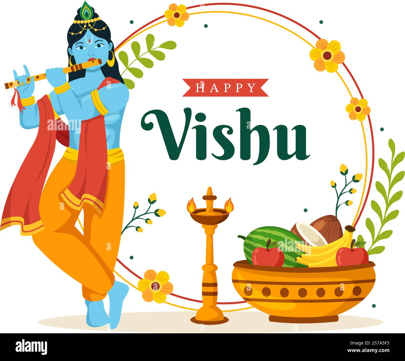 Happy Vishu Festival Illustration with Traditional Kerala Kani, Fruits ...