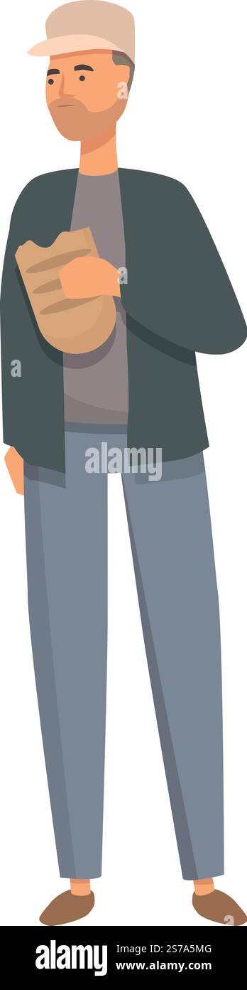 Poor man eat bread icon cartoon vector. Poverty people. Food refugee ...