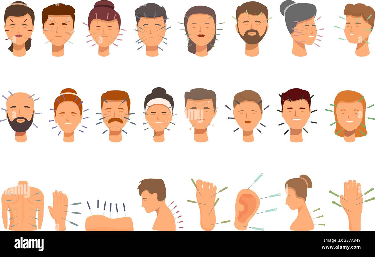 Acupuncture icons set cartoon vector. Meridian body. Liver point ...