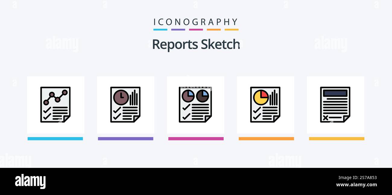 Reports Sketch Line Filled 5 Icon Pack Including paper. file. two. data. page. Creative Icons ...